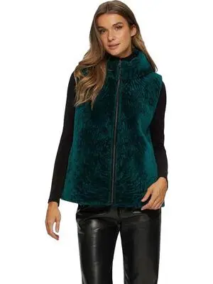 Gorski Reversible Genuine Shearling Hooded Vest - Emerald/black