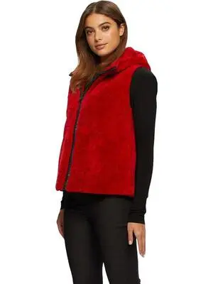 Gorski Reversible Genuine Shearling Hooded Vest - Red/black