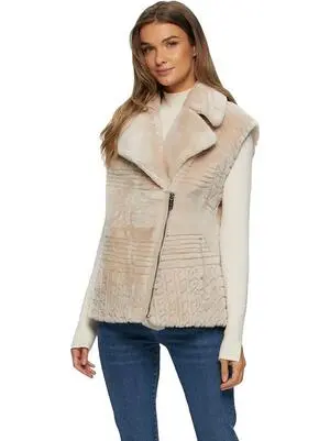 Gorski Genuine Shearling Zip Vest With Grooved Pattern Beige