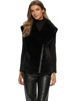 Gorski Genuine Shearling Zip Vest With Grooved Pattern - Black