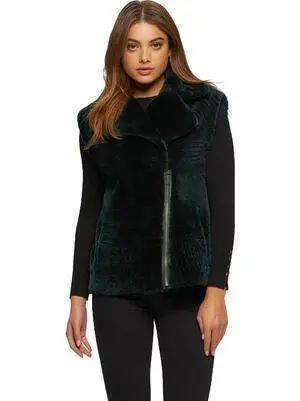 Gorski Genuine Shearling Zip Vest With Grooved Pattern - Emerald