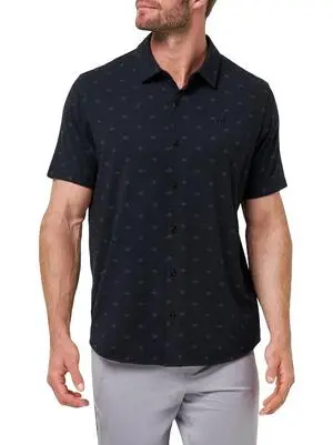 Travis Mathew Shore Of It Geo Print Short Sleeve Button-up Knit Shirt - Black