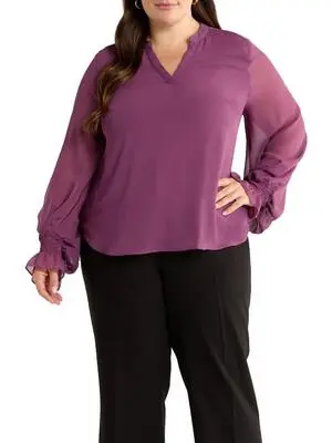 Vince Camuto Split Neck Sheer Long Sleeve Chiffon Top - Sweet Plum