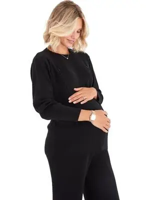 ACCOUCHEE Rib Side Zip Long Sleeve Top & Lounge Pants Set - Black