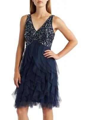 Pisarro Nights Beaded Ruffle Skirt Mini Dress - Navy