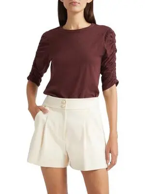 Veronica Beard Ruched Sleeve Cotton Slub Top Raisin