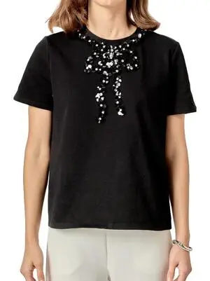 English Factory Beaded Bow Detail Top - Black