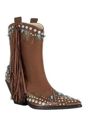 AZALEA WANG Western Ankle Boots With Fringe - Brown