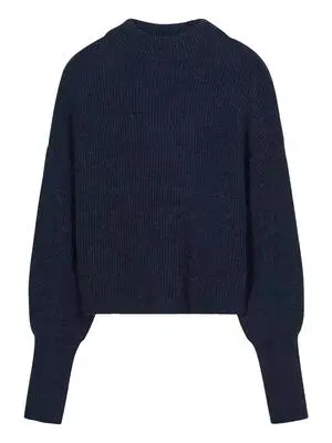 Closed Ribbed Knit Sweater With Cuffed Sleeves - Blue