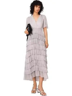 Maje Polyester Metallic Ruffled Midi Dress - Silver