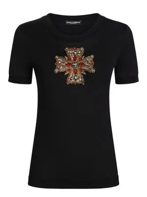 Dolce & Gabbana Cotton T-shirt With Swarovski Cross - Black