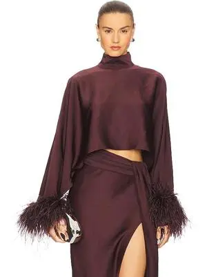Lapointe Lightweight Satin Caftan Top With Feathers - Wine