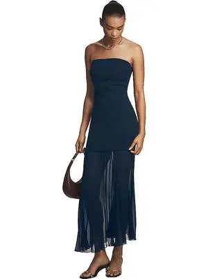 Anthropologie Strapless Pleated Twofer Midi Dress - Navy