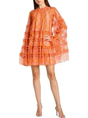 Mac Duggal Floral Print Long Flare Sleeve Mesh A-Line Dress Mango Multi