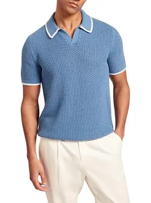 Ted Baker London Sachair Textured Knit Open Neck Polo Light Blue