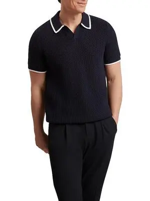 Ted Baker London Sachair Textured Knit Open Neck Polo Navy