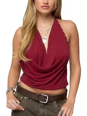 EDIKTED Irina Stud Cowl Neck Halter Top - Burgundy