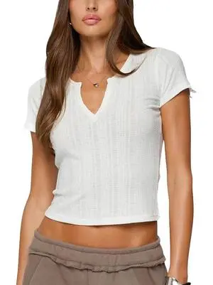 EDIKTED Semi Sheer Ribbed V-neck T-shirt - White