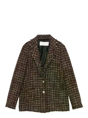 I BLUES Tweed Blazer With Frayed Edges - Brown