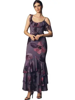 MARE MARE Lucy Chiffon Ruffle Maxi Dress - Purple Floral Chiffon