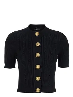 Balmain Crewneck Cable Knit Cardigan - Black