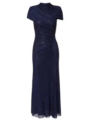 SELF-PORTRAIT Draped Rhinestone Mesh Midi Dress - Blue
