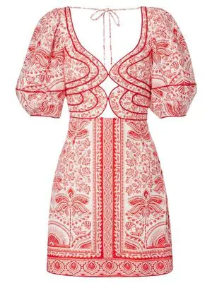 Farm Rio Printed Cutout Linen-blend Minidress - Red