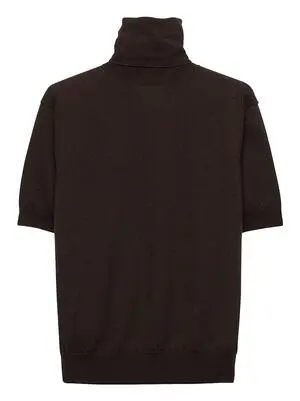Prada Turtleneck Superfine Cashmere Short-sleeve Sweater - Moro