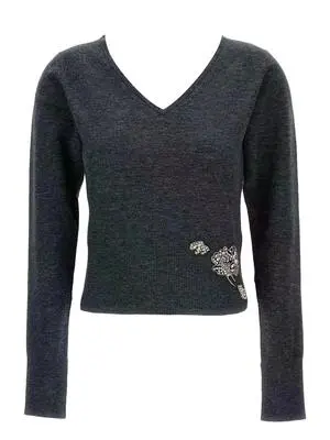 Erdem Embellished V-neck Sweater - Grey