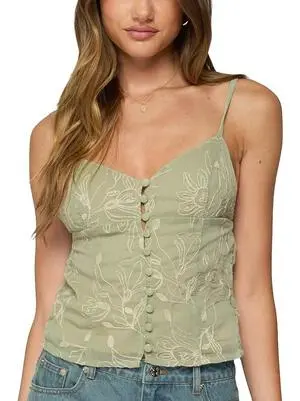 EDIKTED Embroidered Button Up Tank Top - Green