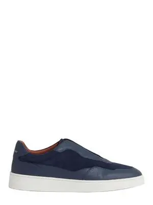 REISS Grained Leather Elasticated Lace Trainers Navy Blue