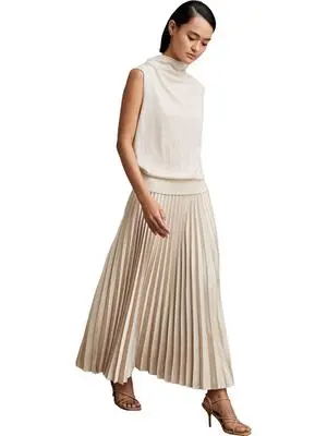 REISS Seren Pleated Midi Skirt - Champagne Neutral