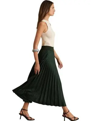 REISS Seren Pleated Midi Skirt - Dark Green