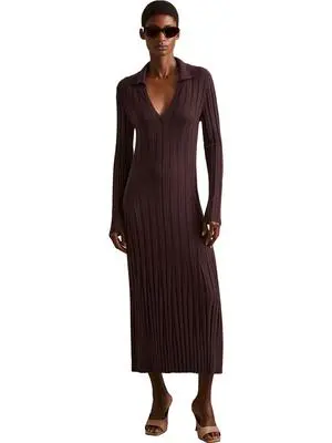 REISS Knitted Polo Midi Dress - Burgundy