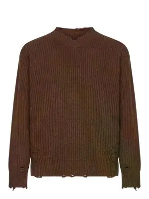 MAISON MARGIELA Ribbed V-neck Distressed Sweater - Brown