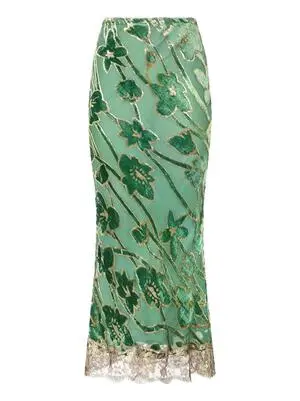 Roberto Cavalli Floral Velvet Lace-trimmed Long Straight Skirt - Green