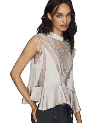 Anthropologie Harmony Sheer Lace Peplum Blouse - Stone