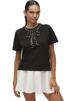 English Factory Rhinestone Bow Short-sleeve Top - Black