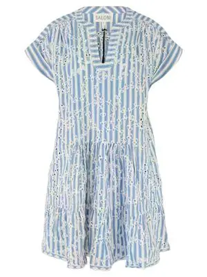 Saloni Striped Embroidered Dress - Blue