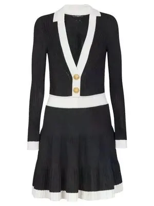 Balmain V-neck Pleated Mini Dress - Black