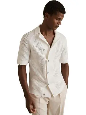 REISS Alphonso Cotton Textured-knit Cuban-collar Shirt - White
