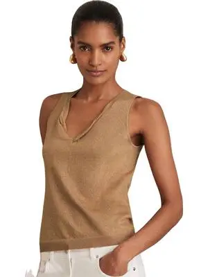 REISS Metallic-knit Twist-neckline Vest - Gold