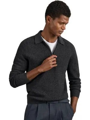 REISS Hamilton Wool Waffle-knit Half-zip Polo Shirt - Charcoal Grey