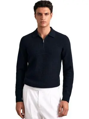 REISS Hamilton Wool Waffle-knit Half-zip Polo Shirt - Navy