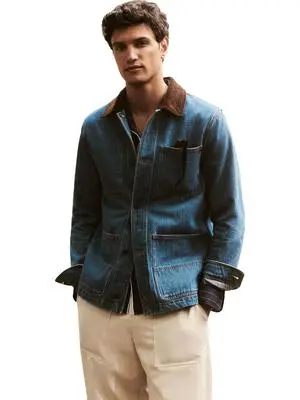 REISS Corduroy-collar Denim Worker Jacket - Denim Blue