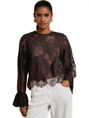 REISS Emilia Lace Blouse - Chocolate Brown