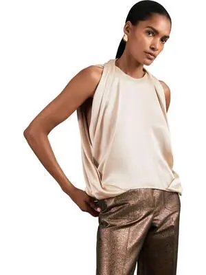 REISS Tayah Silk Draped Top - Champagne Neutral