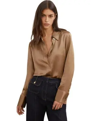 REISS Ameira Silk-Satin Shirt Camel