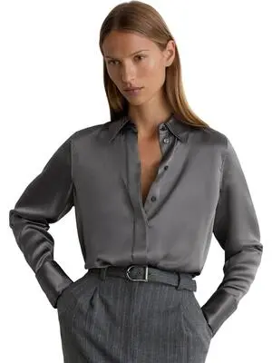 REISS Ameira Silk-Satin Shirt Dark Grey