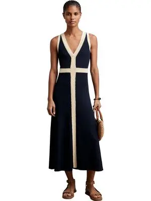 REISS Craft-stitch Knitted Midi Dress - Navy